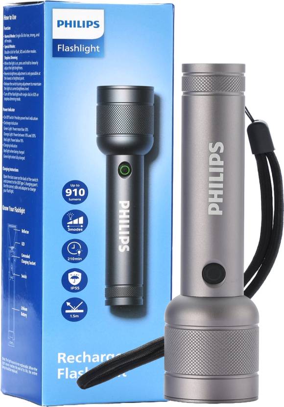 PHILIPS 4 Mode Flashlight, 2200mAh Li-ion Battery, 910 lm, IP55 ...