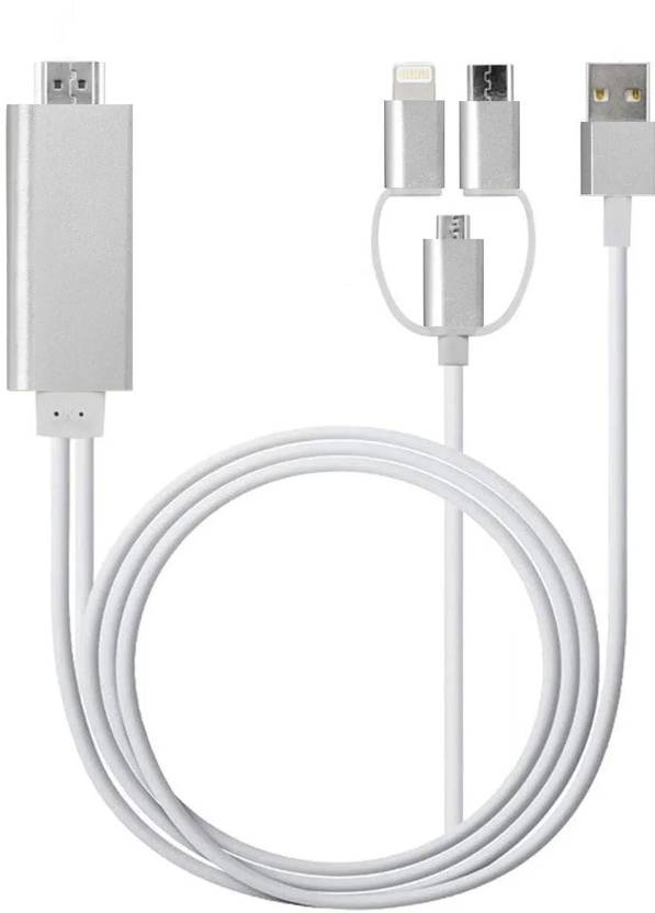 microware TV-out Cable 3 in1 HDMI Adapter Type-C/Lightning/Micro USB to ...