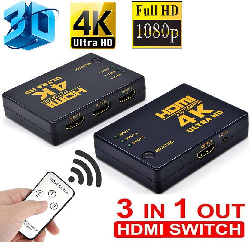 BALRAMA 3 Way HDMI Switch 3x1 with Remote Control 3 Port HDMI Splitter 3 Port IN 1 OUT Combo Set ...