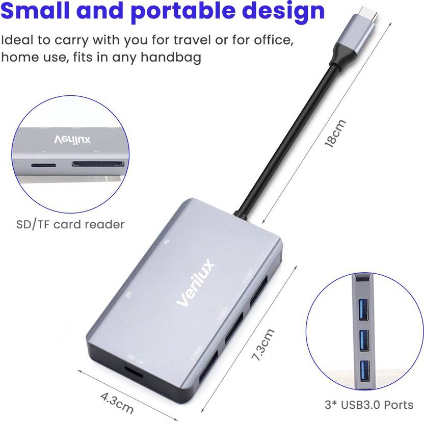 Verilux USB C Hub Multiport Adapter- 6 in 1 Portable Aluminum Type C ...