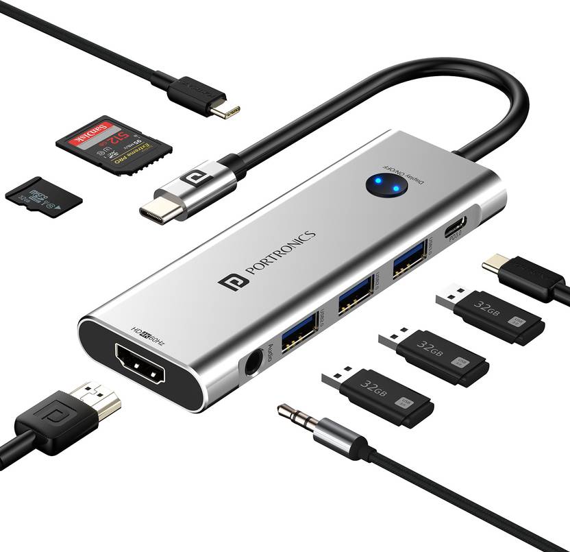 Portronics Mport One USB C Hub (9-in-1), HDMI, PD, USB 3.0/2.0, SD ...