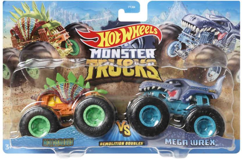 HOT WHEELS Monster Trucks 1:64 Scale Demo Doubles Collection, Motosaurus Vs Mega-Wrex - Monster ...