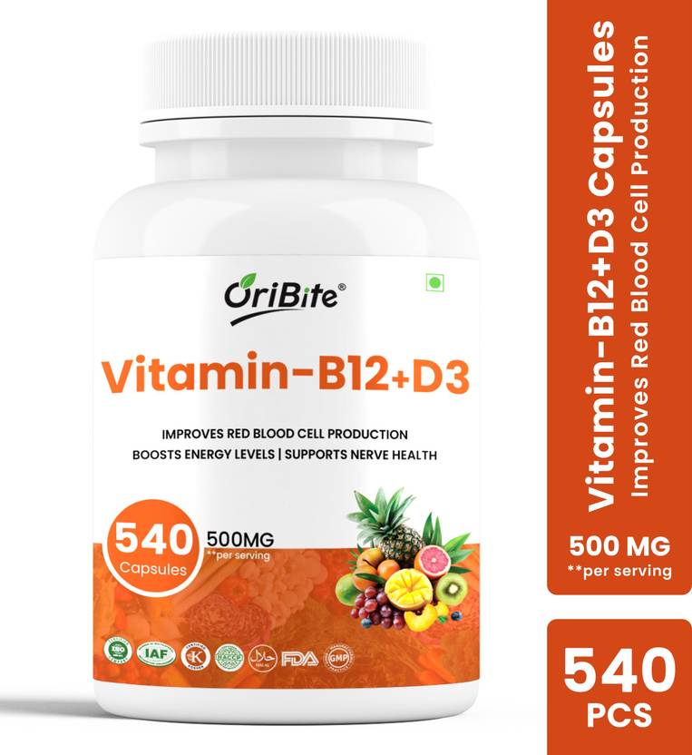 Oribite Vitamin B12 D3 Capsules for Energy, Cell Health Boost Plus (540 ...