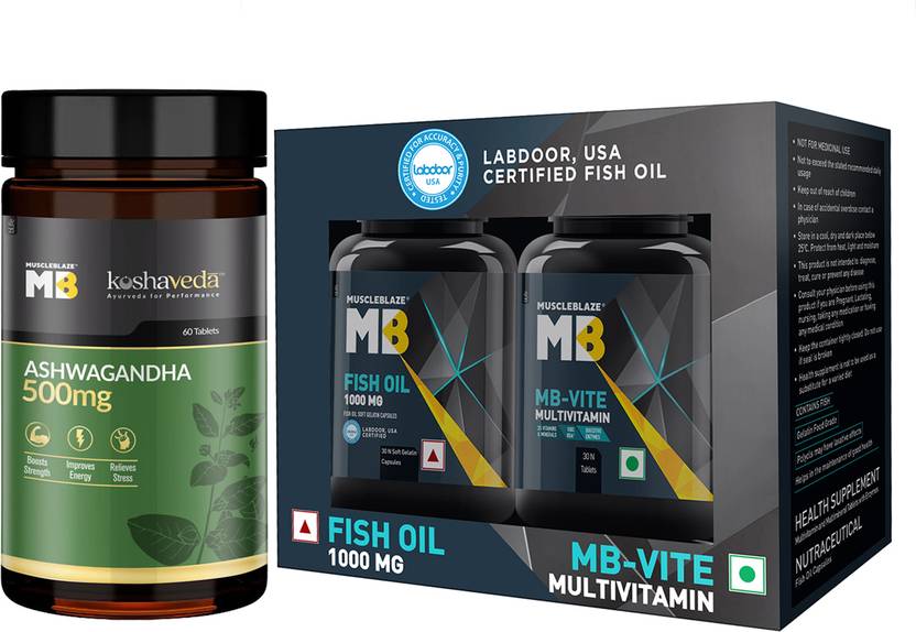 MUSCLEBLAZE Ashwagandha, 60 Tablets, MB-Vite Daily Multivitamin & Fish ...