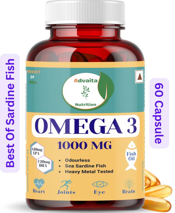 Advaita Nutrition Omega 3 Capsules 1000mg fish oil (300mg EPA+DHA) for ...