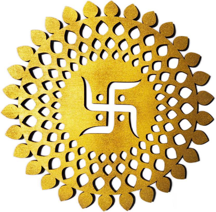WORLD WIDE KART MDF Wooden Golden Round Swastika Wall Art For Temple ...