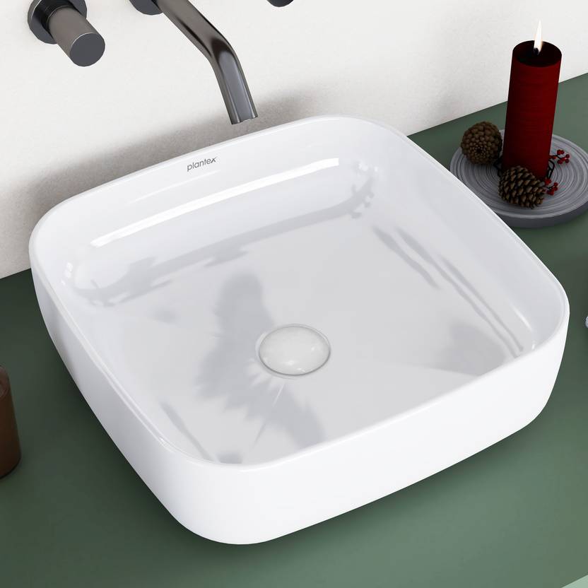 Plantex Platinium Ceramic Tabletop Square Wash Basin/Countertop Sink ...