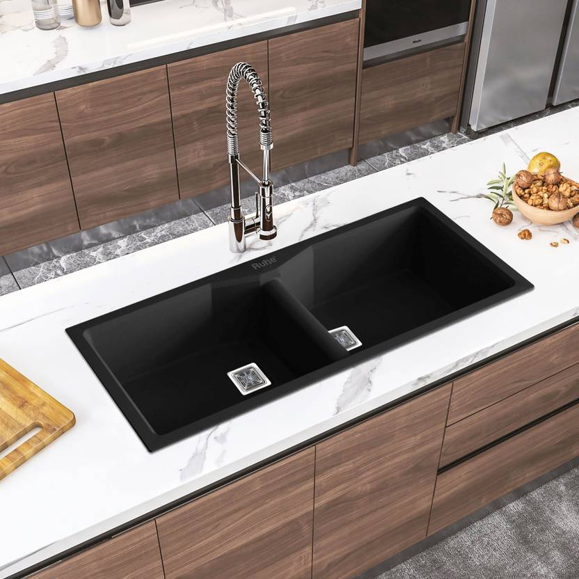 RUHE Premium 12.5mm Thick Black Quartz Double Bowl Kitchen Sink (37” x ...