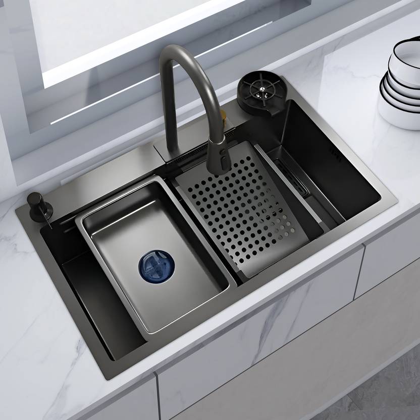 Plantex Kitchen Sink/304 Grade Stainless Steel Smart Waterfall 304 Kitchen Sink with Integrated ...