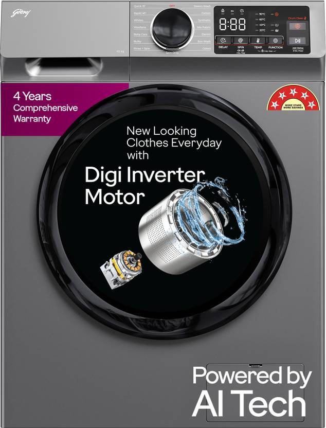 Godrej 9 kg 5 Star, AI Tech, Steam Wash Fully Automatic Front Load ...