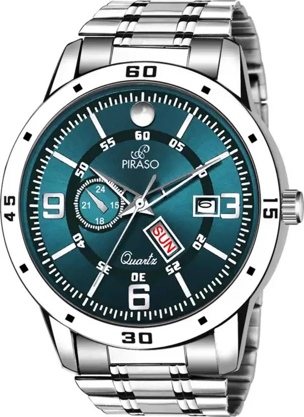 PIRASO D&D F95 BLUE SILVER CHAIN ANALOG DAY AND DATE WORKING DISPLAY ...