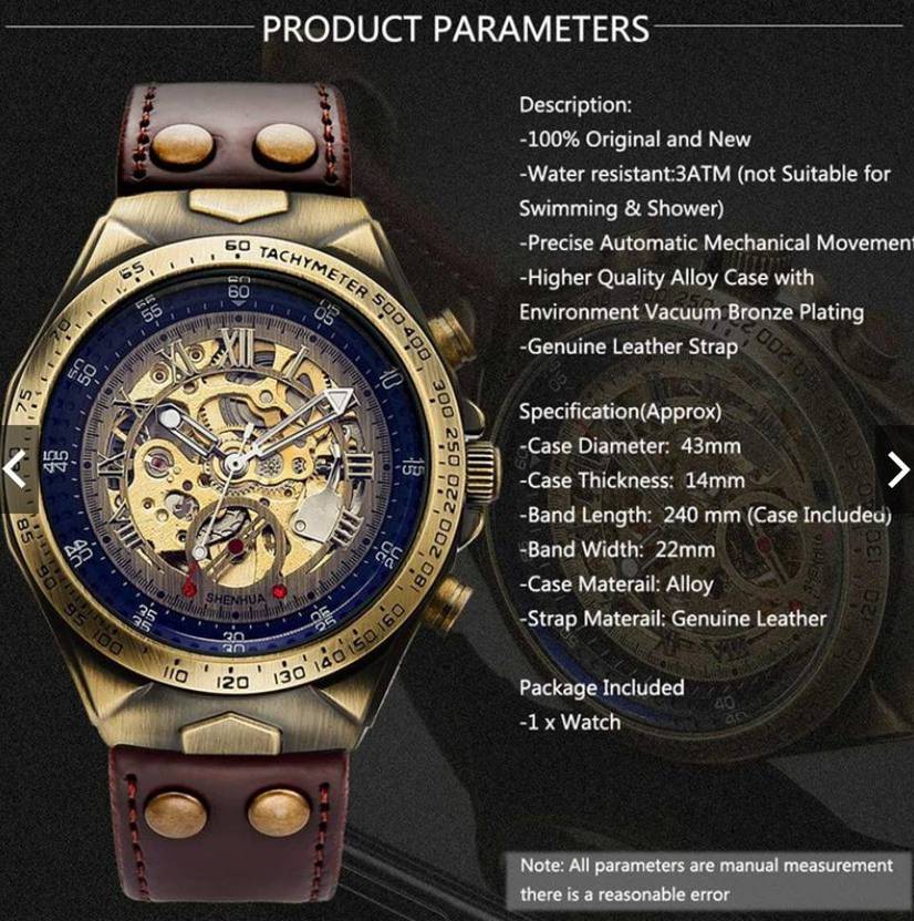 Shenhua HourGlass Skeleton Gold Automatic Self Winding Wrist Watch Self ...