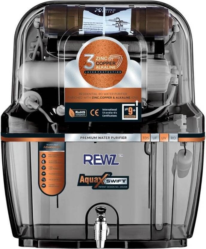 REWZ Swift Black (Transparent) 15 L RO + UV + UF + TDS + Alkaline Water Purifier - REWZ ...