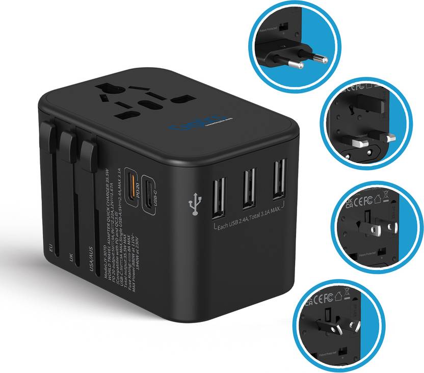 Ceptics 35W 6 in 1 Universal Adapter, 3 USB-A, 2 USB-C (1 PD-35W port ...