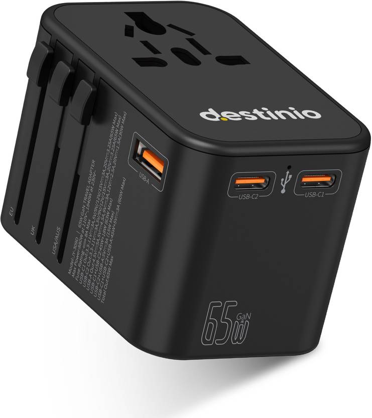 Destinio Universal Travel Adapter - Type C 65W GAN - Fast Charging 2 x ...