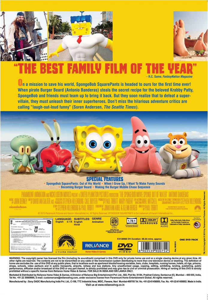 The Spongebob Movie Sponge Out Of Water Dvd