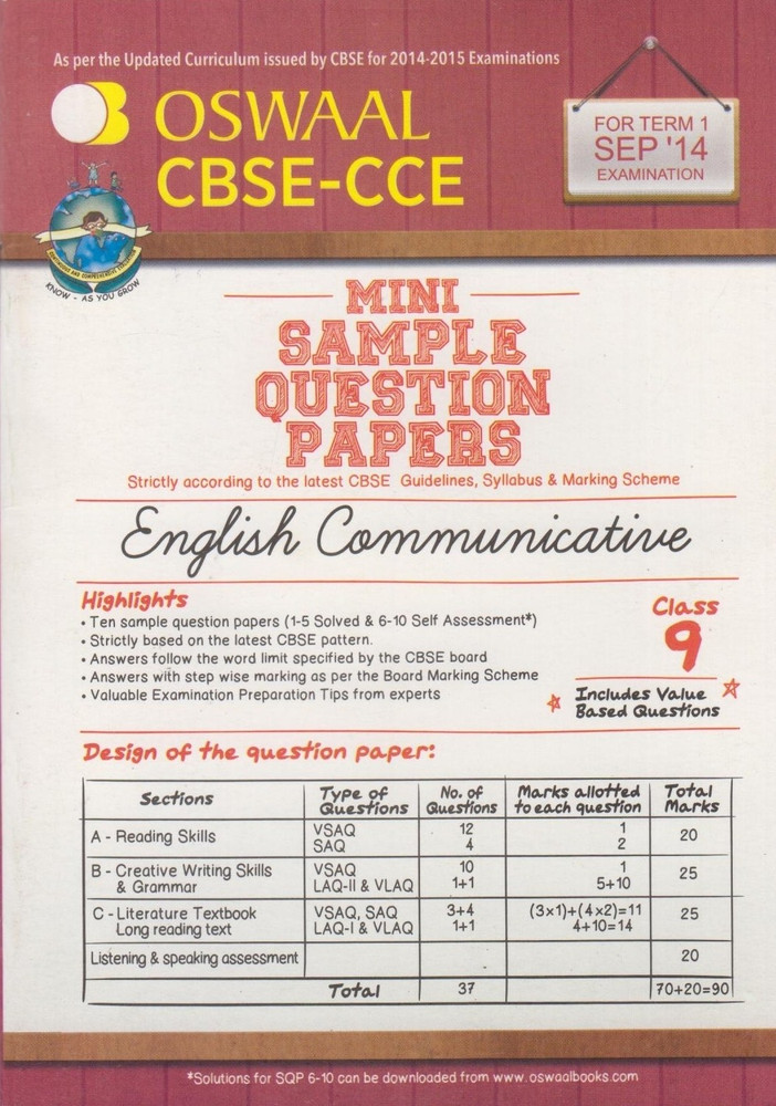 Oswaal Cbse Cce Sample Question Papers For Class 9 Term I