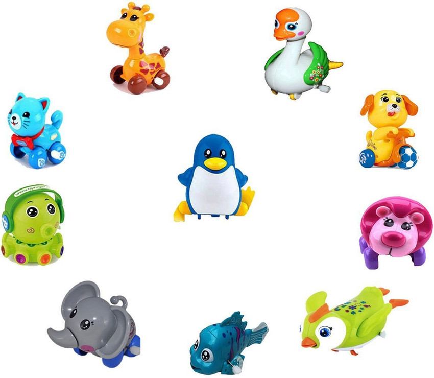 EMOB Pack of 10 Cute Domestic Animal Toys Set with Winding Chain and Moving wheels Feature for Toddlers Pack of 10 Cute Domestic Animal Toys Set with Winding Chain and Moving