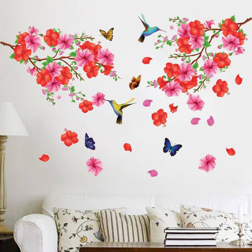 Aquire 155 cm Wall Stickers Humming Bird Butterflies and Hibiscus Flower TV Background Self Adhesive Sticker