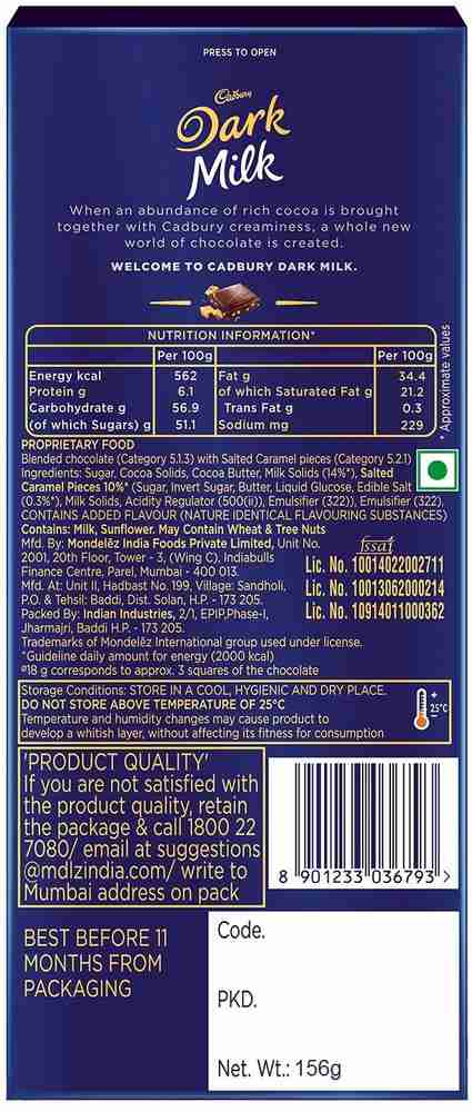 Cadbury Dark Milk Salted Caramel Chocolate Bar 156g Bars Price in India Buy Cadbury Dark Milk Salted Caramel Chocolate Bar 156g Bars online at Flipkart