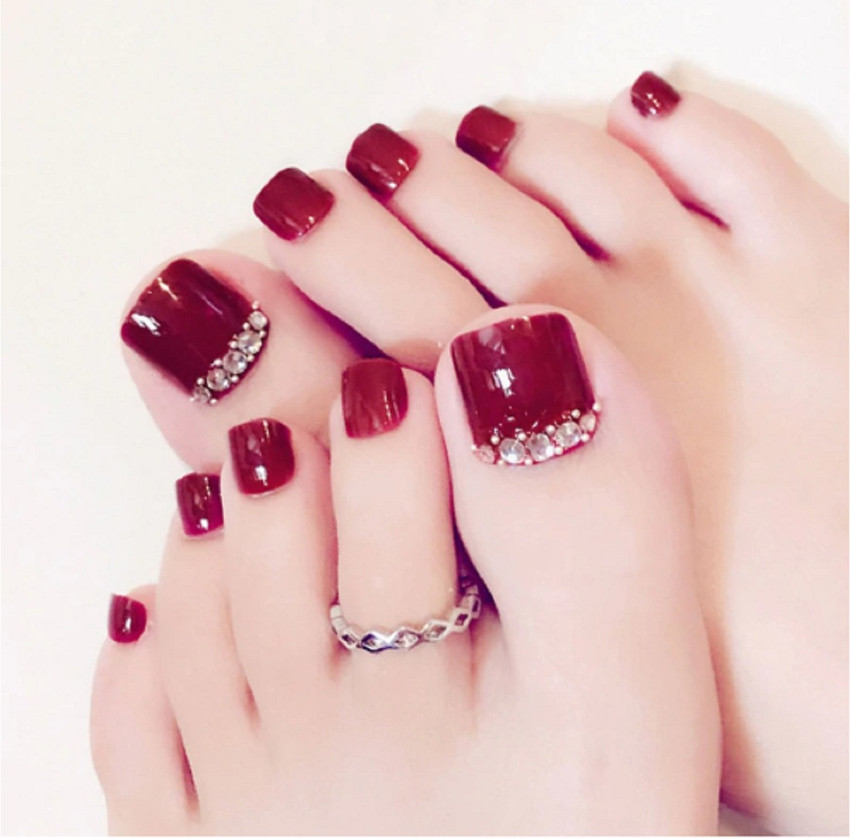 VIKSON INTERNATIONAL DESIGNER PINK STONE STUDDED FOOT NAILS FOR GIRLS AND WOMEN RED