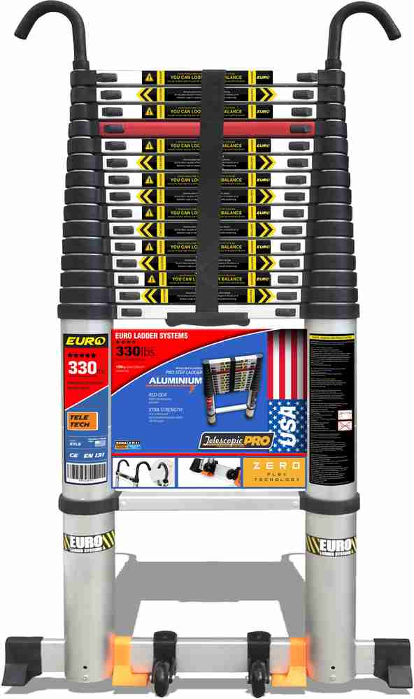 EURO Telescopic ladder 6.2 meter 20.6 ft Stores at 3.9 ft New Revolutionary hook Kit 10x Stronger Zero Flex technology Flex Free Ladder Sand Blasted