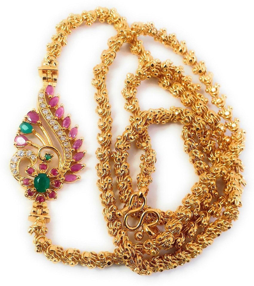 AFJ GOLD 1 Gram Micro Gold Plated Traditional Designer Fashion Jewellery Mugappu Chain Emerald Ruby Gold plated Plated Copper Necklace Price in India Buy AFJ GOLD 1 Gram Micro Gold Plated Traditional