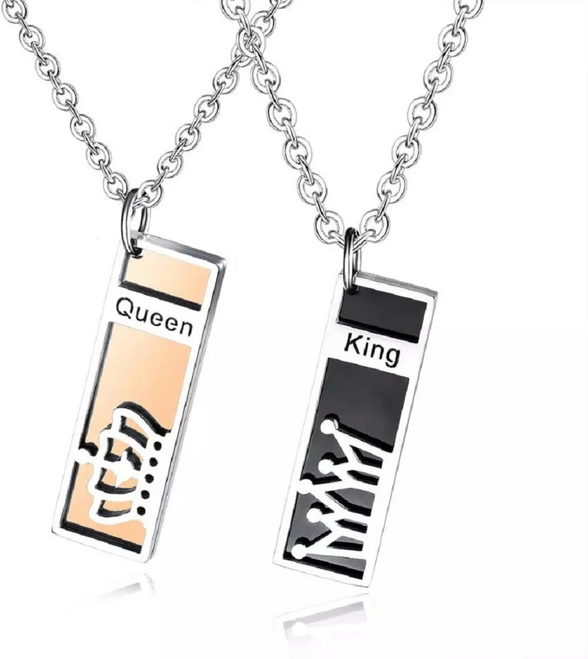 impression Stylish King Queen Locket for Lover Friends and couple Gift for New Year Pendant Necklace with Chain Black and Gold set 2 Titanium Stainless Steel Pendant Set Price in India