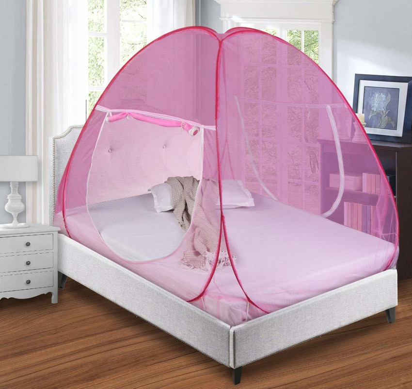 KUBER INDUSTRIES Nylon Adults Washable Mosquito Net Foldable King Queen Size Double Bed with Free Saviours 6.5 x 6.5 Feet Pink Mosquito Net