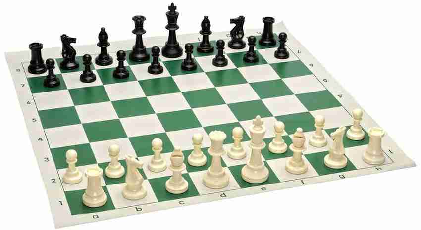 TIMA 17 x 17 Tournament Chess Set Green Roll up Vinyl Mat with Black and White Plastic Filled Chessmen Strategy War Board Game 17 x 17 Tournament Chess Set