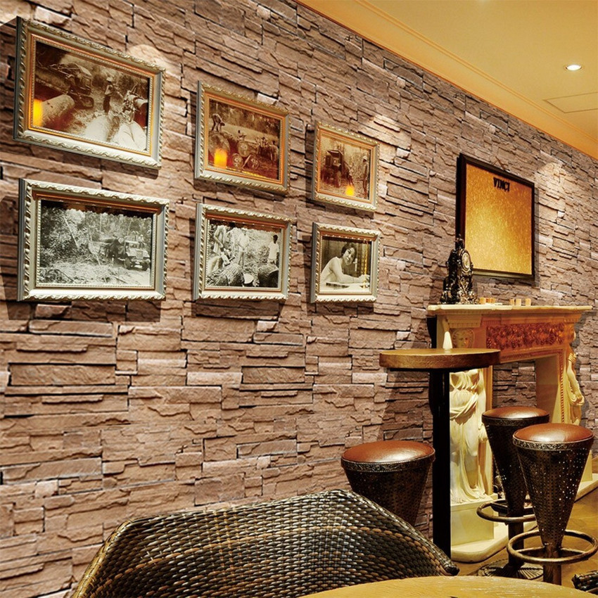 Wallgenics Waterproof Self Adhesive 3D Wall Sticker for Home Living Room Background Wall Decoration Brown Stone Textured Wallpaper Peel and Stick