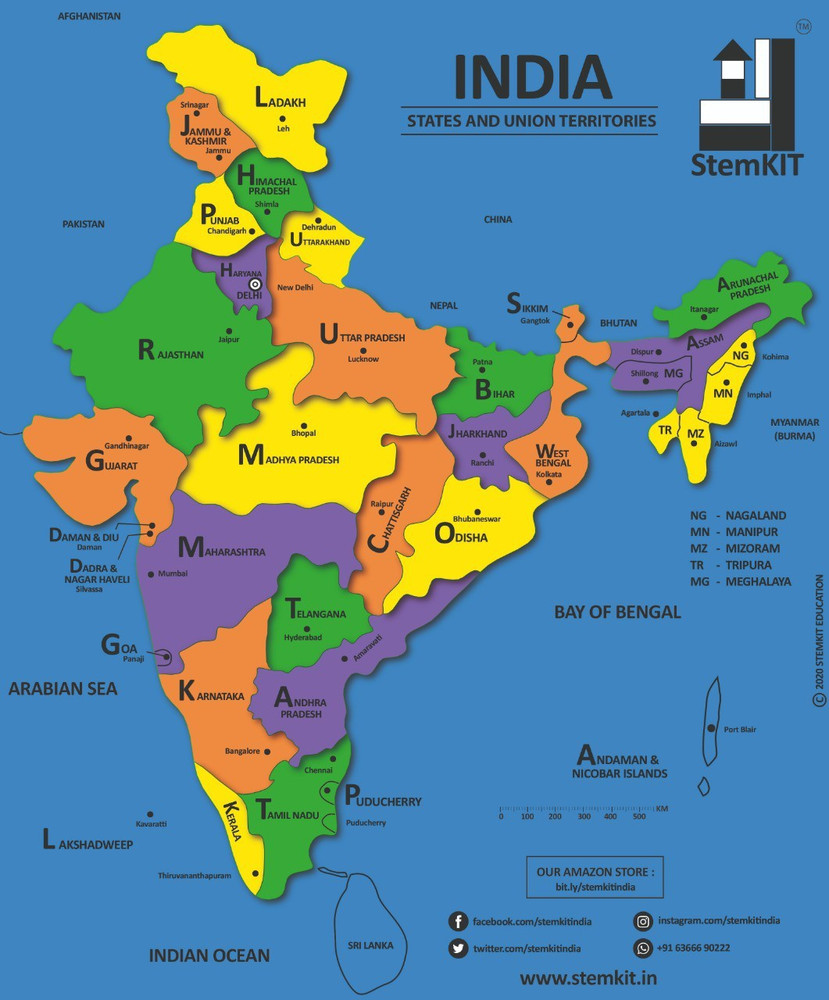 India Political Map With States Capitals And Union