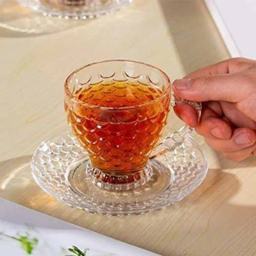 WHOLESALE BAY Pack of 6 Glass 3 Cups 3 Saucers Crystal Clear Bubble glass Tea Coffee Cups