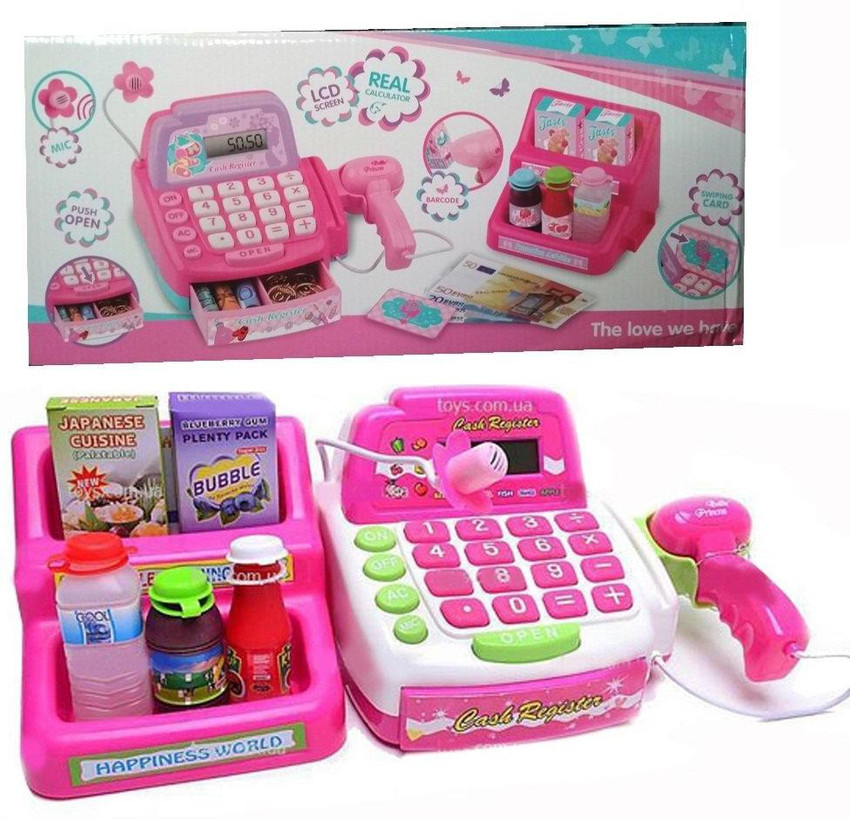 Pluspoint Cashier Toy Cash Register Playset Pretend Play Set for Kids Colorful Children s Supermarket Checkout Toy with Microphone Ideal Gift for Toddlers Preschoolers Super Market Pink Cashier Toy