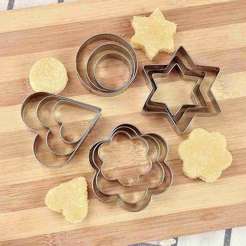 Cake Bake Mold 12 Pcs 4 Different Shapes Stainless Steel Biscuit Cutlet Cookie Shaper Cookie Cutter Mould Set Pastry Cake Muffin Jelly Cookie Cutter with Shape Heart Round Star and Flower. Cookie Cutt...