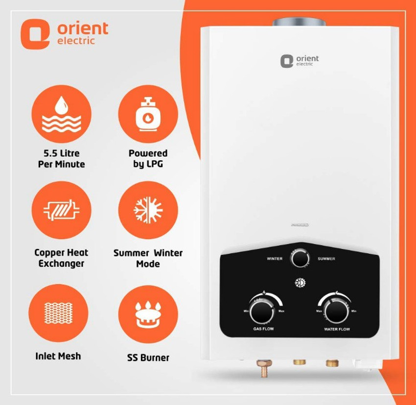 Orient Electric 5.5 L Gas Water Geyser Techno DX White Price in India Buy Orient Electric 5.5 L Gas Water Geyser Techno DX White online at Flipkart