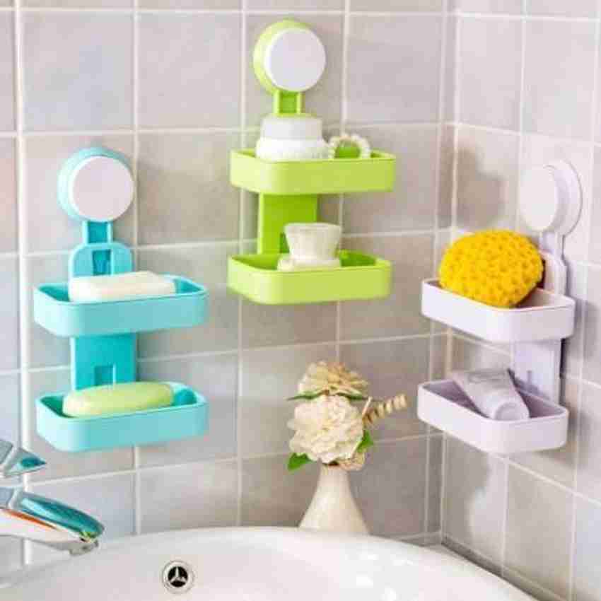 Aqtus Plastic Double Layer Sucker Wall Mounted soap Holder Soap Stand for Wash Basin and Bathroom Soap Box Organiser with Flipped Idea Suction Cup Holder Set of 3 Multicolor Price in