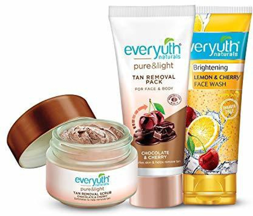 Everyuth Naturals TAN REMOVAL SCRUB 50g TAN REMOVAL PACK FOR FACE BODY 50g BRIGHTENING LEMON CHERRY FACE WASH 50g 3 PACK