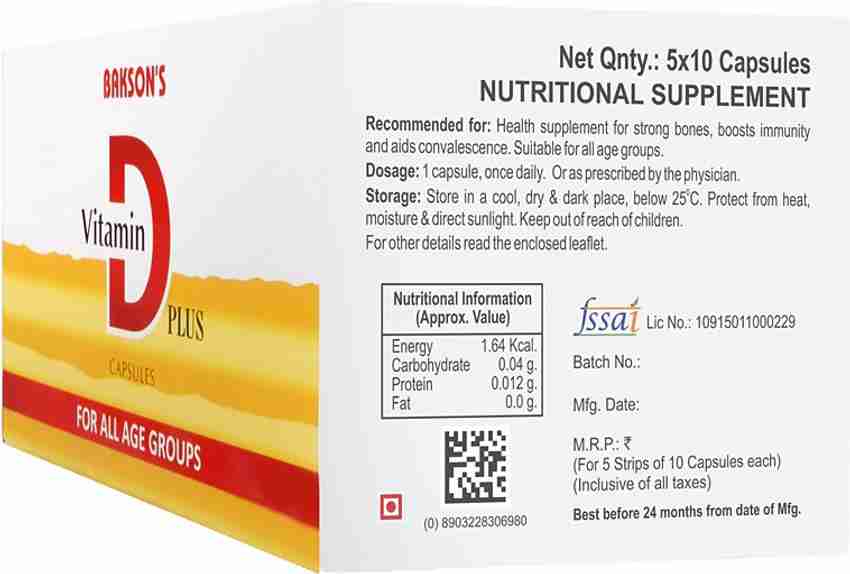 Bakson Vitamin D Plus Nutritional Supplement Capsules