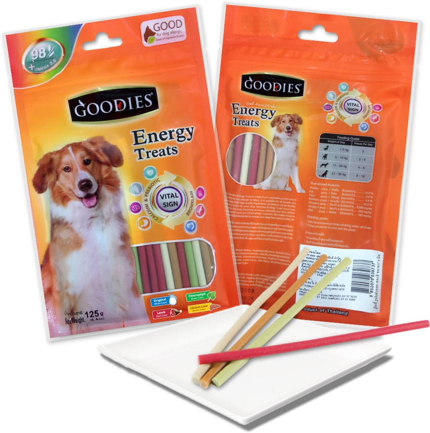 goodies Goodies Dog Energy Treats Made of Vegetable Protein 98 Digestible Healthy Snack Training Treat Best for Dog with Meat Allergy Mix Sticks 125gm Chicken Dog Treat Price in India