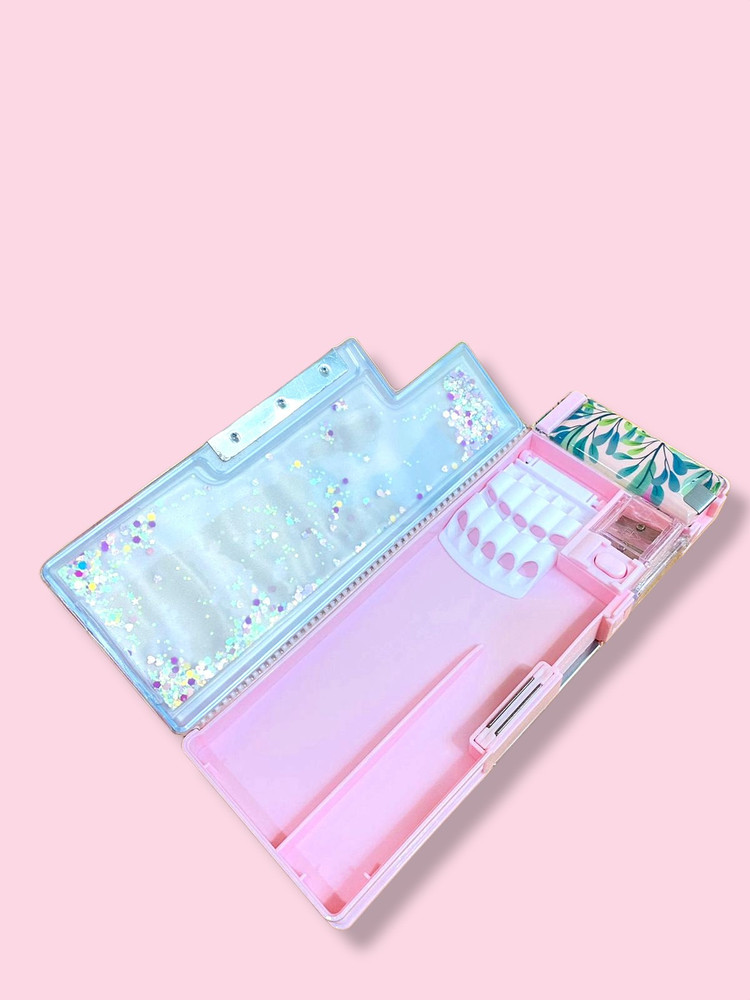 ZUMMY Multi Purpose Water Filled Glitter Pencil Box Pencil Case Dual Side Use with Pencil Sharpener Pencil Holder for Kids 1 Art Plastic Pencil Box