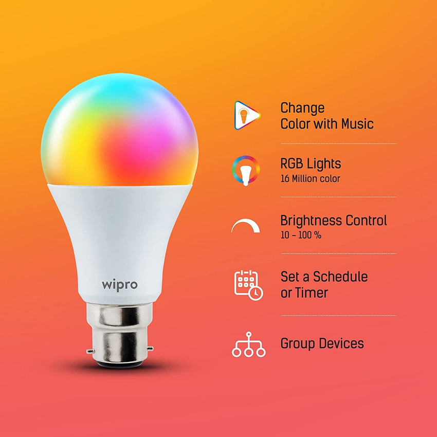 Wipro B22 12.5 W Wi Fi RGB LED with Voice App Control Smart Bulb Price in India Buy Wipro B22 12.5 W Wi Fi RGB LED with Voice App Control Smart