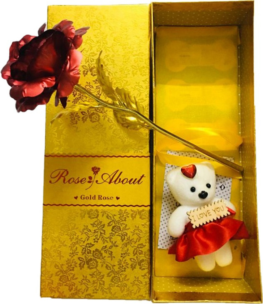 Amazing Best Valentine Gift Red Rose Flower with Teddy Bear gold box Artificial flowers Red Rose Artificial Flower Price in India Buy Amazing Best Valentine Gift Red Rose Flower with Teddy