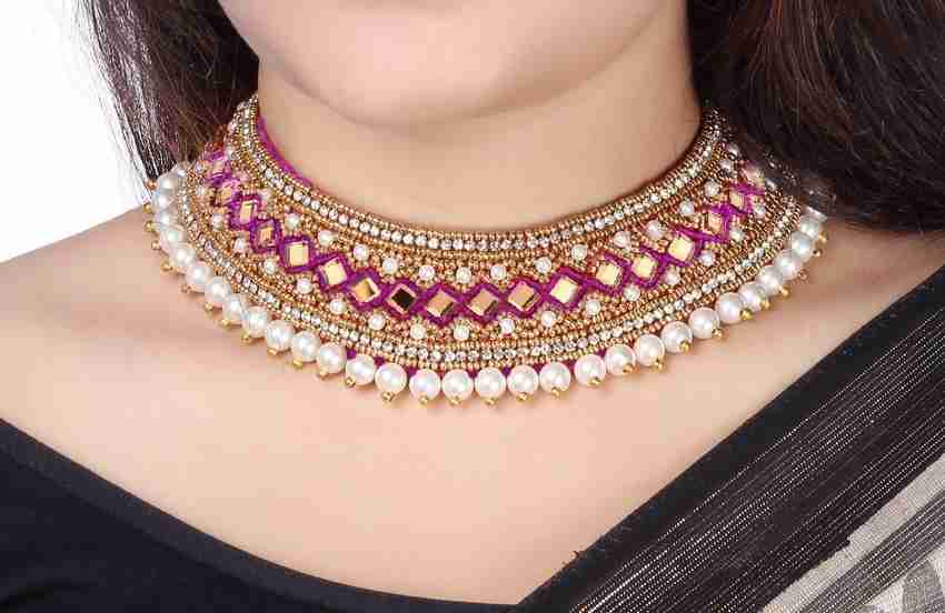 Traditional Rajasthani Jadau Choker Necklace Set In 22k