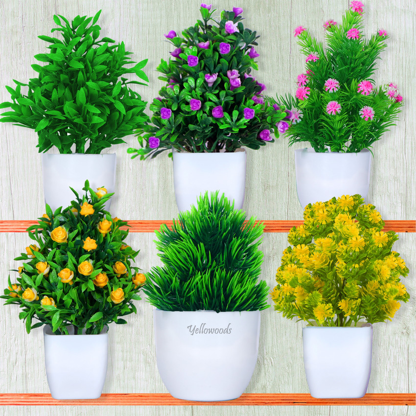 Yellowoods Set of 3 Unique Design Small Artificial Plants for home Office Desk Bathroom Bonsai Wild Artificial Plant with Pot