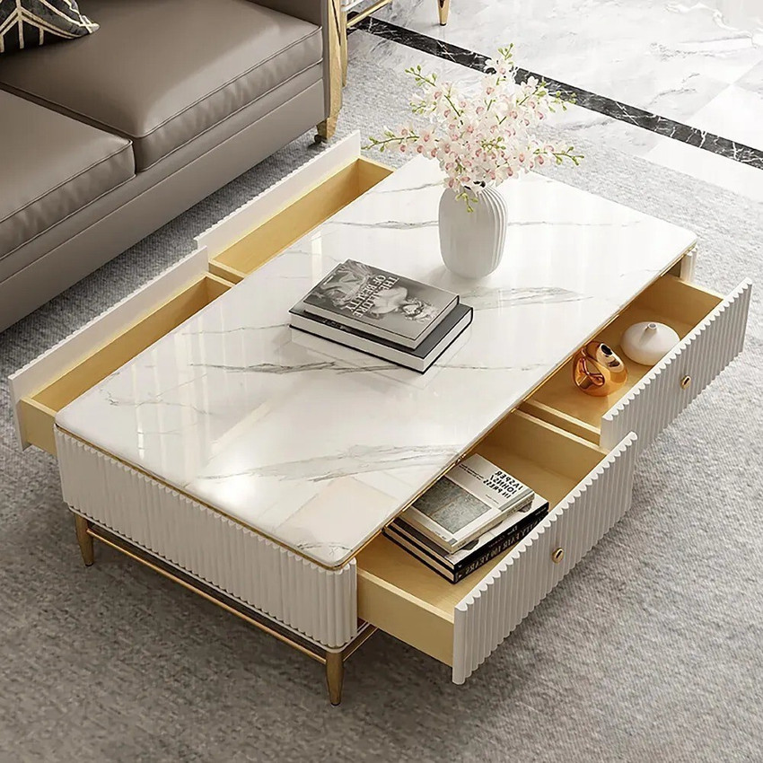 NG Decor White Marble Rectangle Coffee Table in Gold with Storage 4 Drawers Stone Coffee Table Price in India Buy NG Decor White Marble Rectangle Coffee Table in Gold with Storage