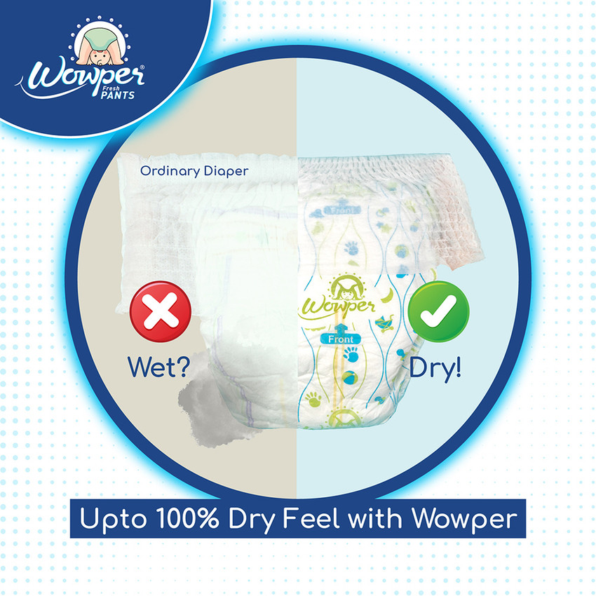 Wowper Fresh Baby Diapers Pants Wetness Indicator Upto 10 Hrs Absorption 15 25 Kg XXL Buy 48 Wowper Pant Diapers for babies weighing 25 Kg Flipkart