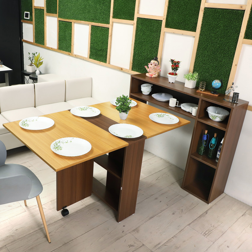 FORKTAIL Space saving folding dining table with 2 tier Storage Without chairs Engineered Wood 6 Seater Dining Table