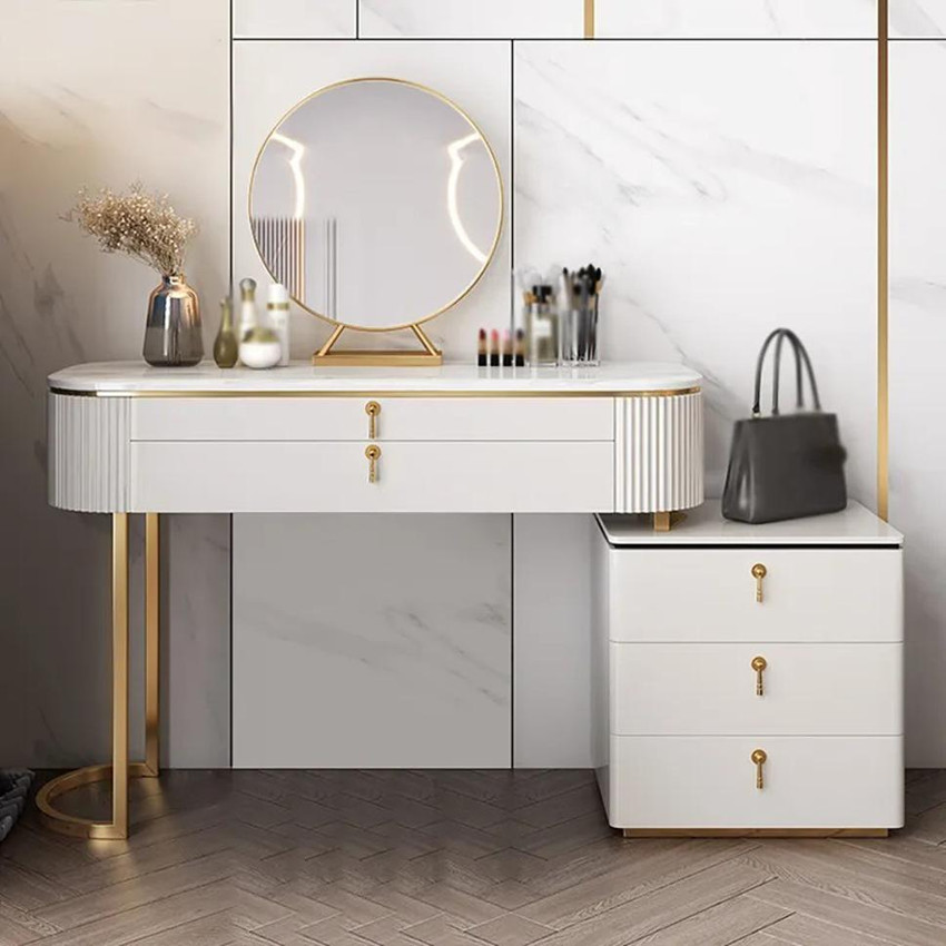Homary Pewter Modern 5 Drawer White Makeup Vanity Table Mirror Side Cabinet Included