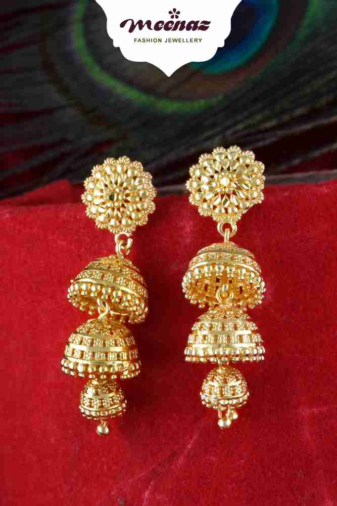 Flipkart Buy MEENAZ triple jhumka 1 gram gold 3 layer Jhumkas earrings wedding temple South Indian Brass Stone Metal Alloy Copper Clip on Earring Drops Danglers Earring Set Ear Thread Jhumki